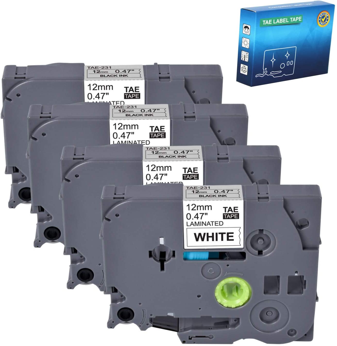 Replace Brother Tze 231 Tape 12mm 0.47 Laminated Black on White 4 Pack ...